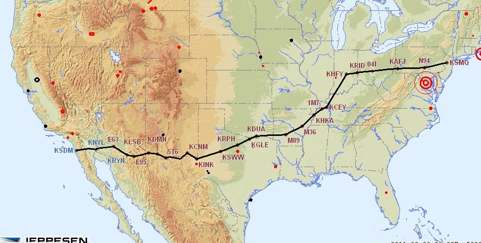 Aeronca Champ Coast to Coast: West Bound Route of Flight