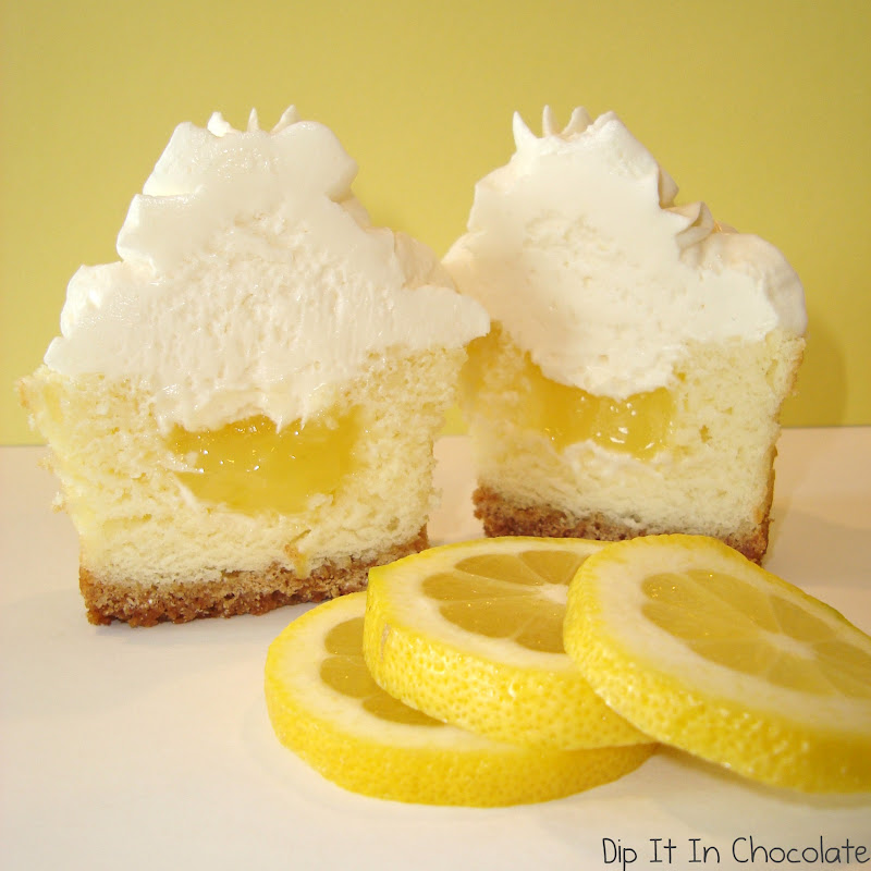 Lemon Cream Pie Cupcakes ~ Dip it in Chocolate