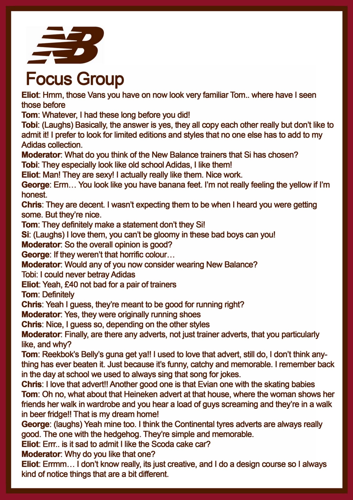 New Balance Team Blog: FOCUS GROUP SCRIPT