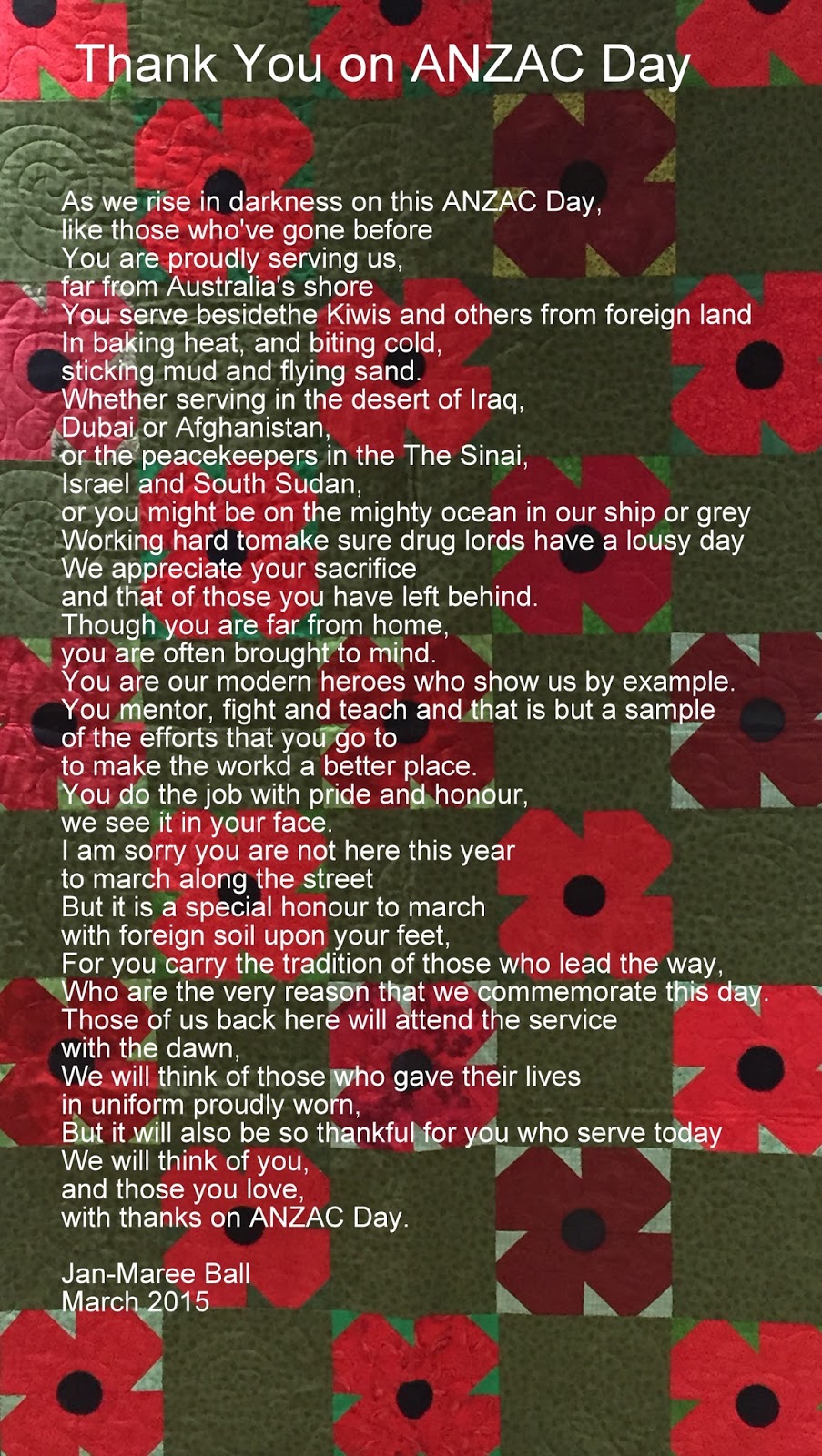 Thank You…….. on ANZAC Day 2016 - Aussie Hero Quilts (and Laundry Bags)