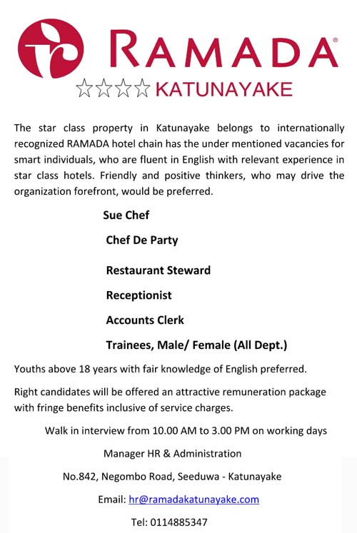 Vacancies for Sue Chef, Chef De Party, Restaurant Steward, Receptionist ...