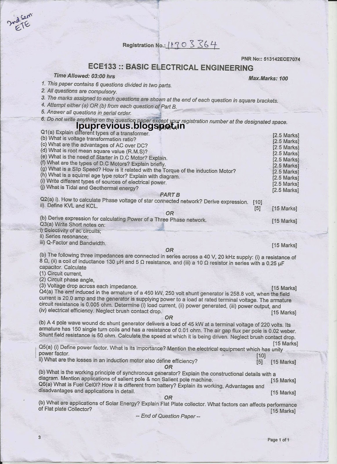 ECE 133 :: BASIC ELECTRICAL ENGINEERING previous question papers and ...