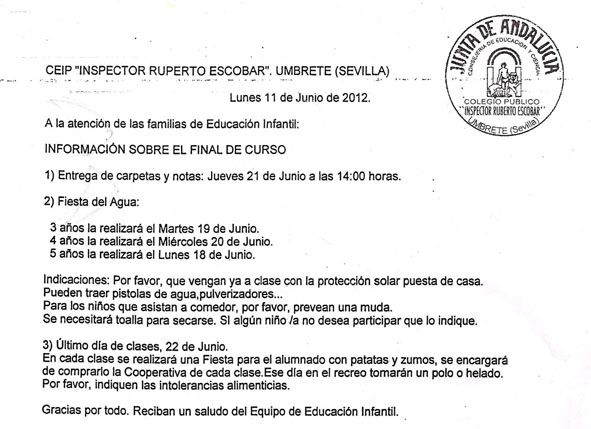 BLOG AMPA "Educando": NOTA INFORMATIVA DE INFANTIL: FINAL DE CURSO