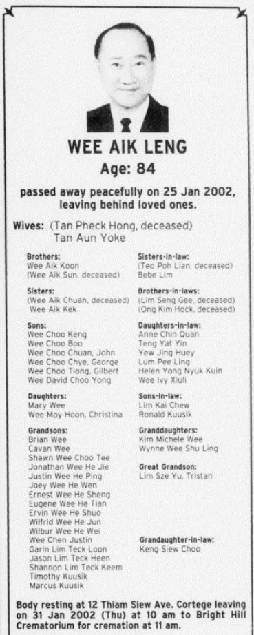 Tan Pheck Hong nee Mrs. Wee Aik Leng and family (Kopi Sua)