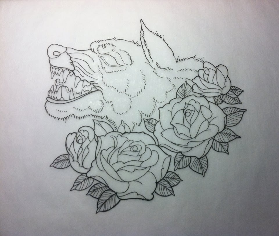 tattoosbychrisamlie: wolf & roses tattoo design