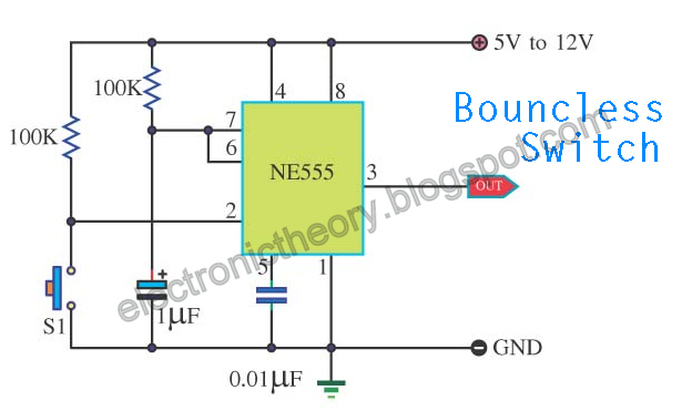 Bouncless Switch with NE555 Circuit Schematic