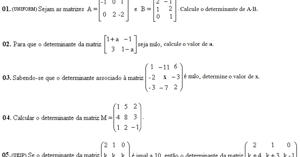 Matemática Com O Proferon Exercícios Sobre Matrizes E Determinantes