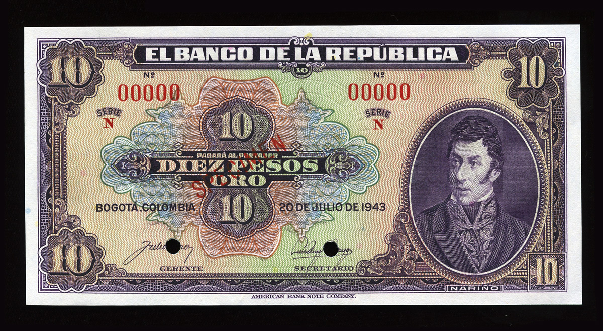 Currency of Colombia 10 Pesos Oro Banknote 1943 Antonio Nariño|World ...