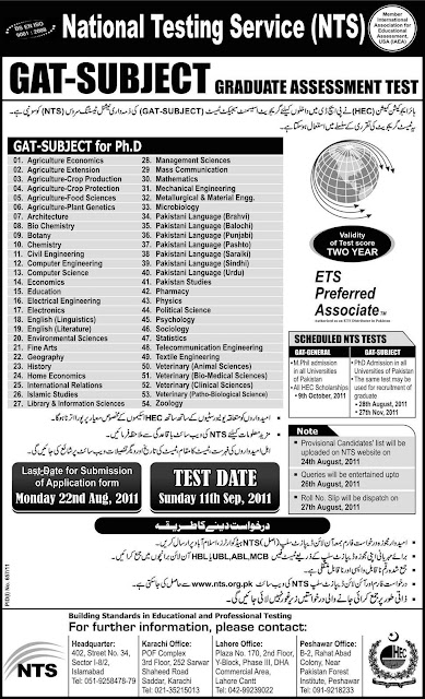 Admission in Pakistan: National Testing Service NTS GAT Subject Test