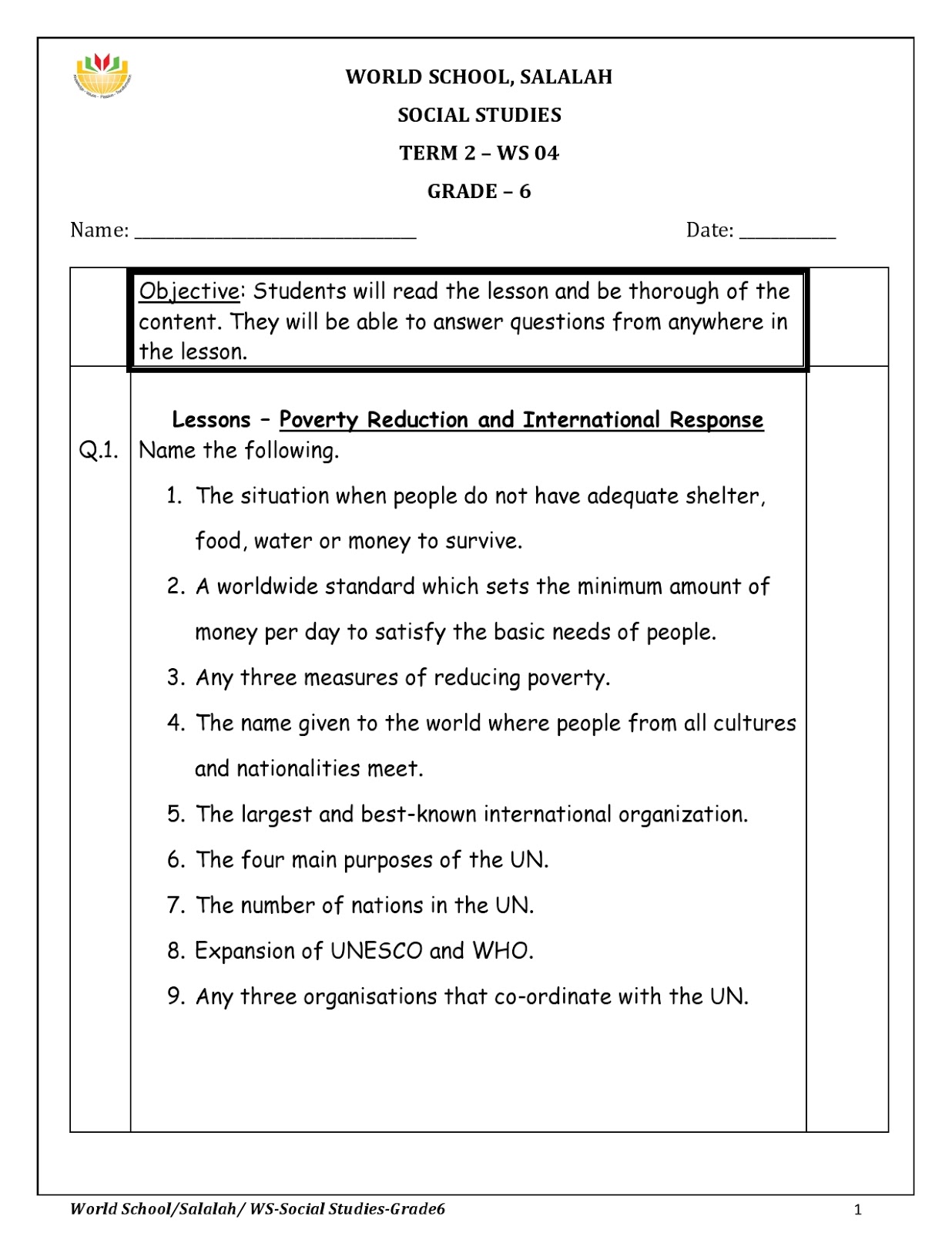 Birla World School Oman: Homework for Grade 6 as on 27-02-2019