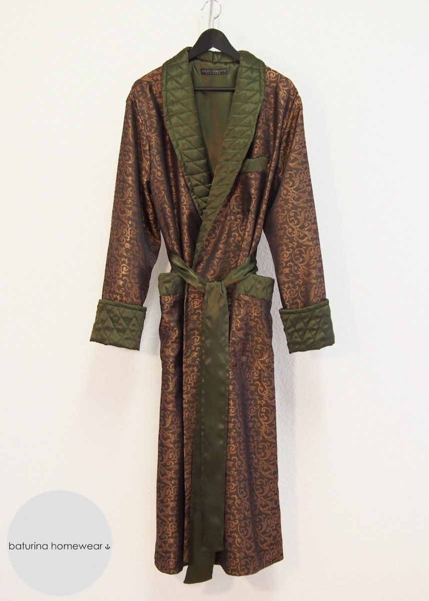 Quilted Dressing Gown in Gold Green Baroque Paisley Silk