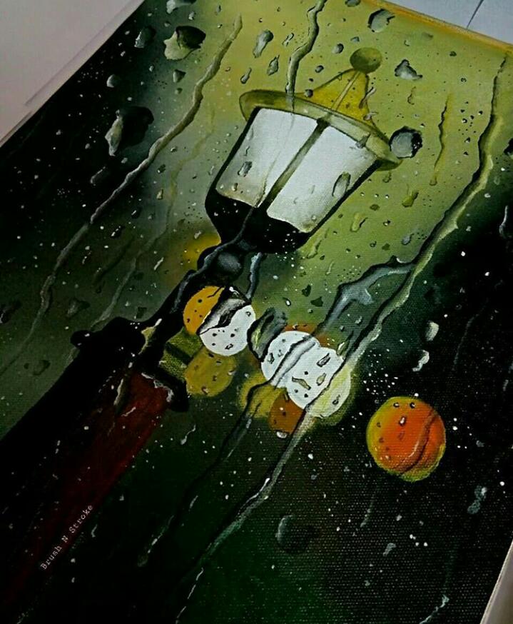 Acrylic Painting: Lamp post in the rain (Original) | Shopby.in