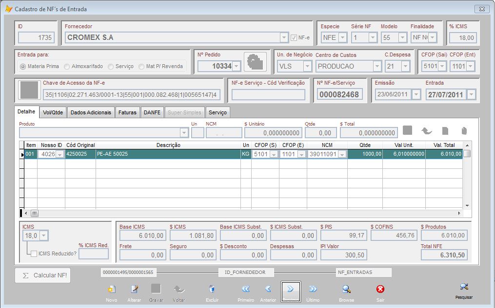 Aleph-ERP: Entrada de Nota Fiscal
