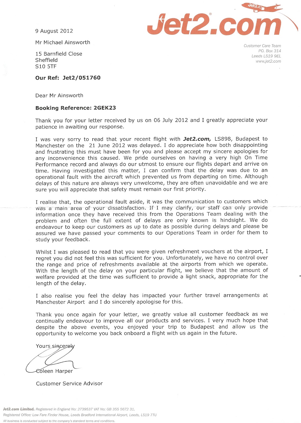 M D AINSWORTH: JET2.COM complaint