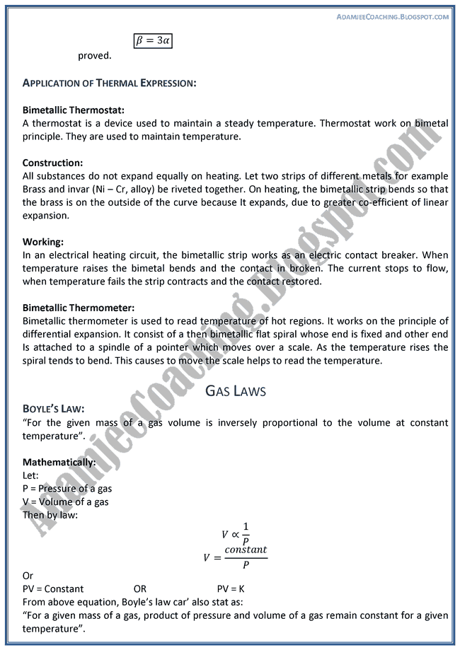 Adamjee Coaching: Heat - Theory Notes - Physics XII