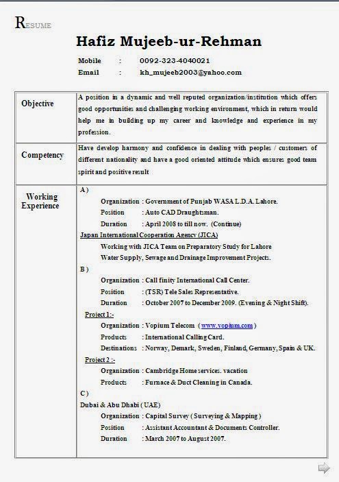 Resume Format for Job in Pakistan Free Download