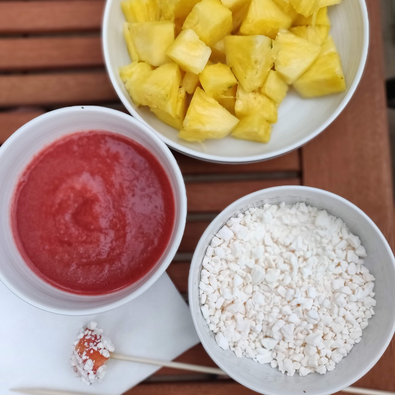 Pineapple & Meringue Dippers with Strawberry & Vanilla Coulis
