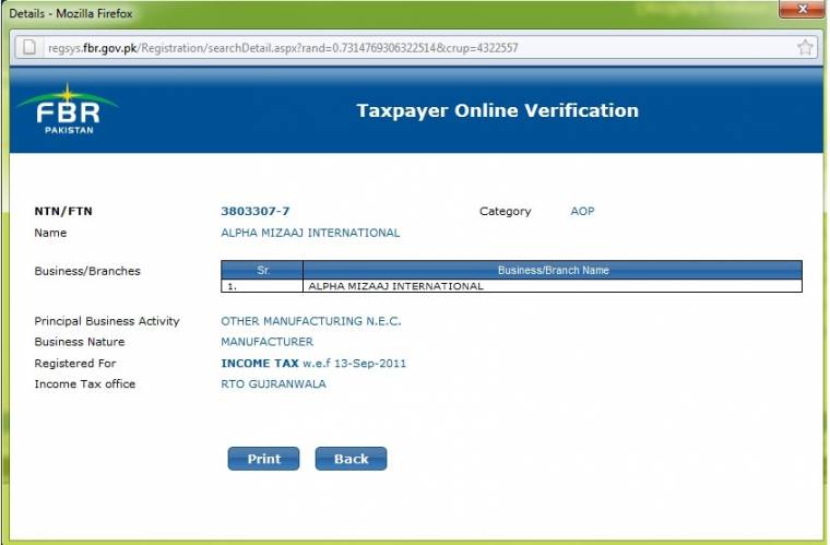Alpha Mizaaj International: FBR Registration