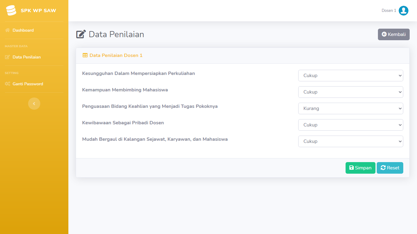 Aplikasi Sistem Pendukung Keputusan Penilaian Kinerja Dosen Menggunakan ...