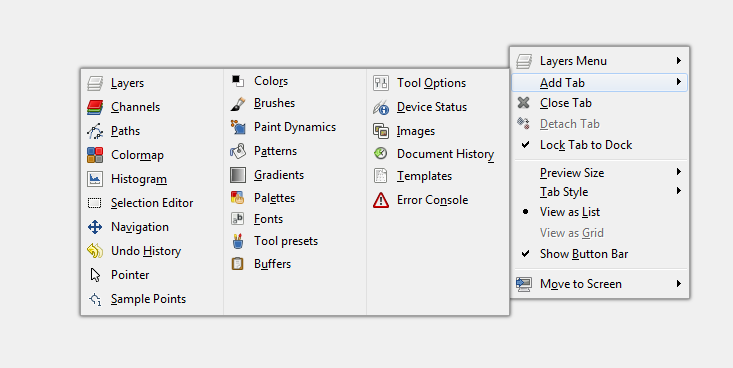 GIMP UI brainstorm: dockable menus