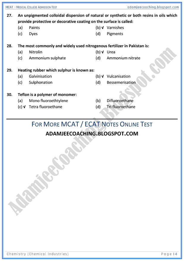 Adamjee Coaching: MCAT Chemistry [Chemical Industries] Mcqs for Medical ...