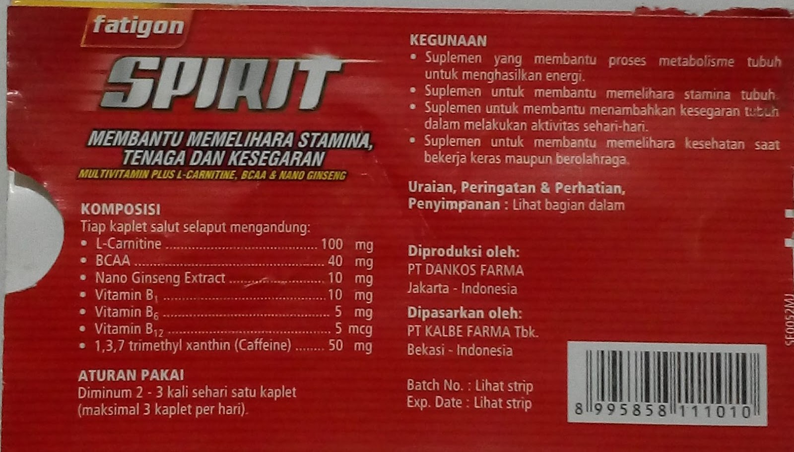 Khasiat dan Kegunaan, Komposisi dari Fatigon Spirit - Obat Sakit 2011