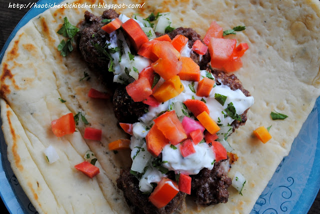 greek meatball gyro w/ spicy pickled veggies and cool cucumber sauce..