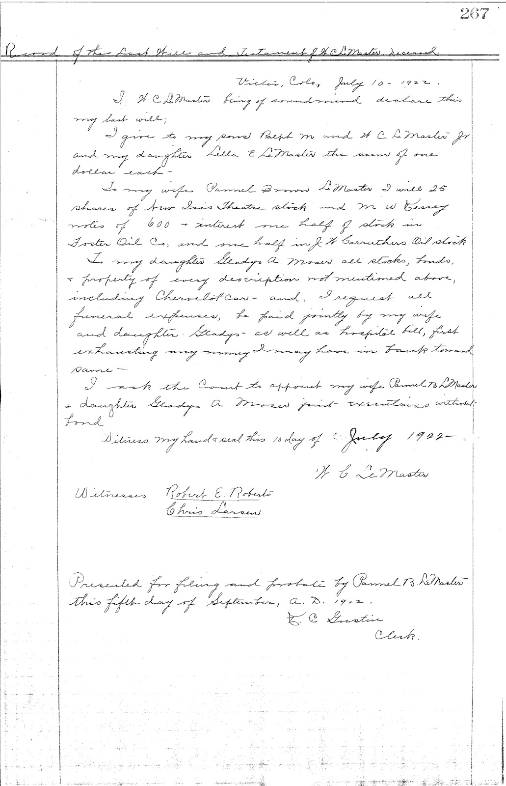 Will of William Clifford LeMaster (1871-1922) | TJL Genes : Preserving ...