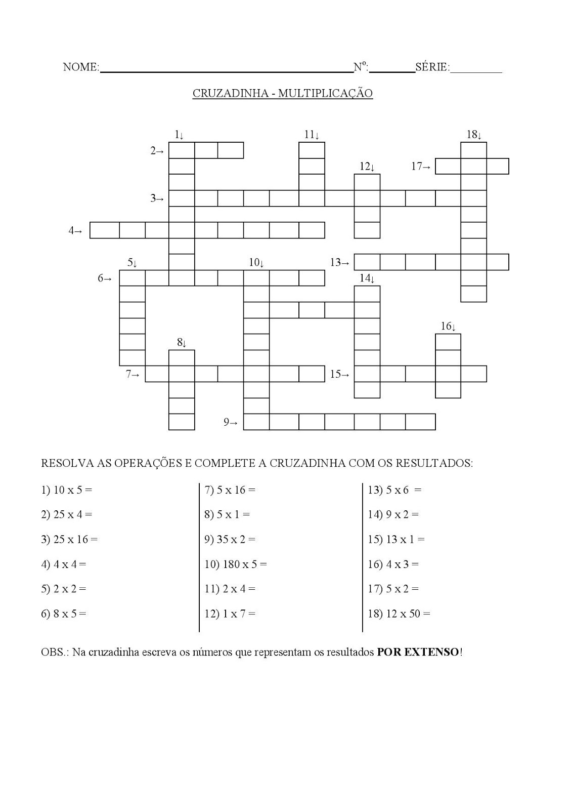 Cruzadinha De Matemática 3 Ano - REVOEDUCA