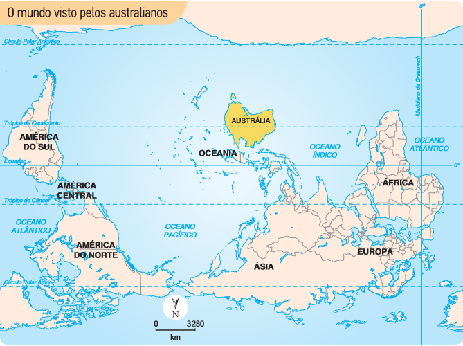O Mundo visto pelos australianos - Mapa - Projeto Geografando
