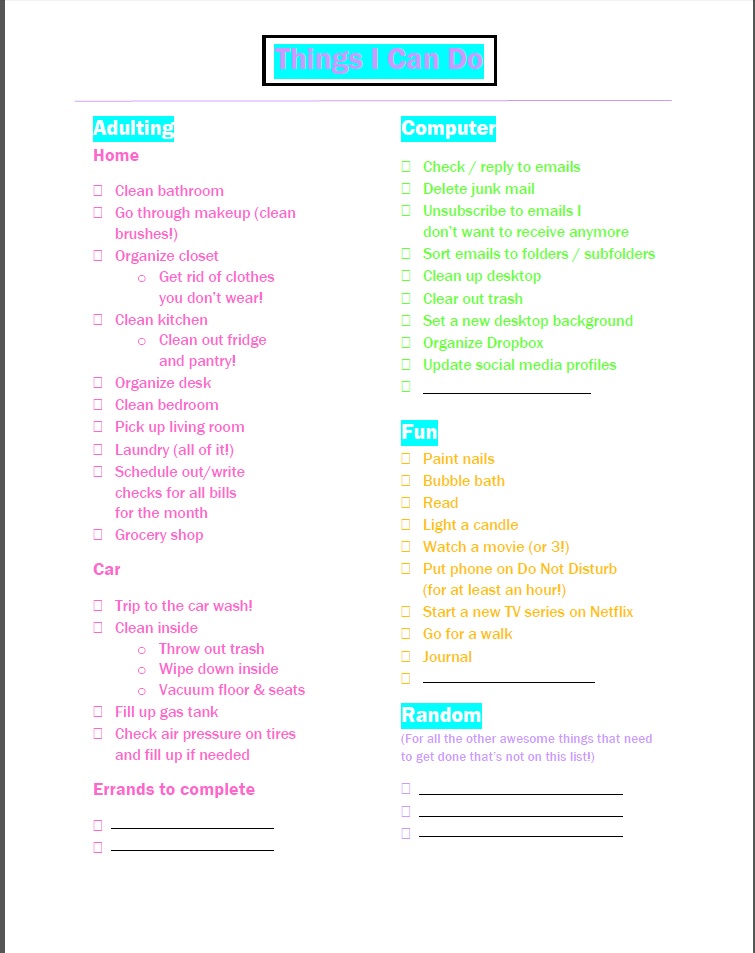 Glitter & The Girly Girl: Things I Could Do List