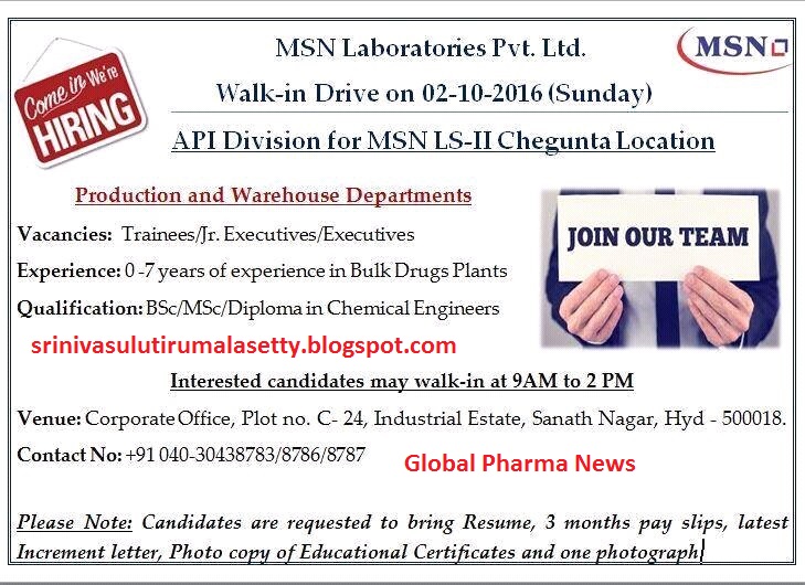 Global Pharma News: MSN Laboratories pvt Ltd Walk In On 02/10/16 ... Global Pharma News: MSN Laboratories pvt Ltd Walk In On 02/10/16 ...