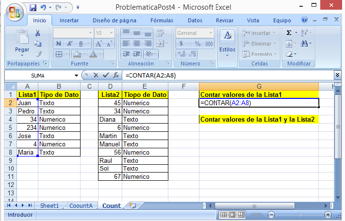 Funciones Contar y Contara en Excel