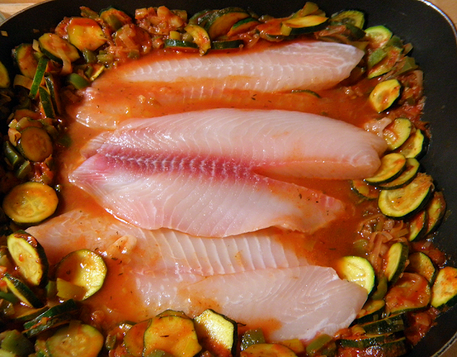 Seasonal Eating: Spicy Tomato Poached Fish with Veggies
