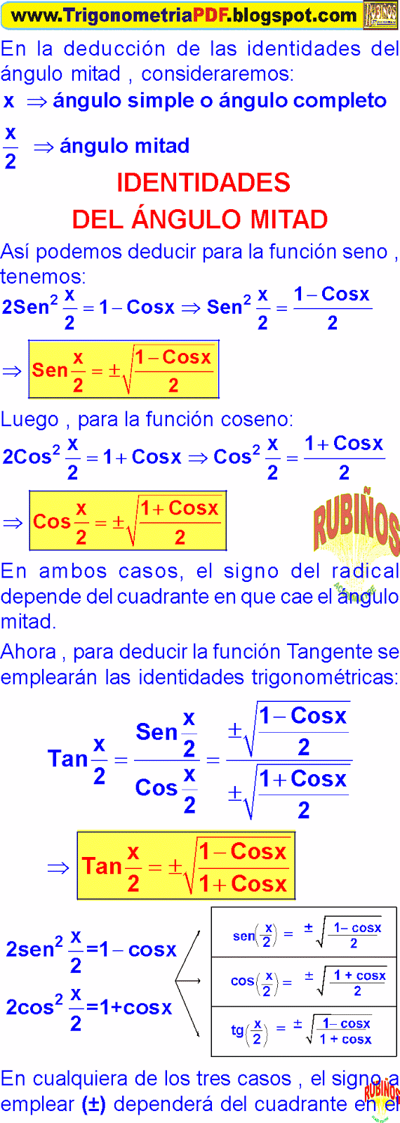 IDENTIDADES DEL ANGULO MITAD EJERCICIOS RESUELTOS DE TRIGONOMETRIA PDF