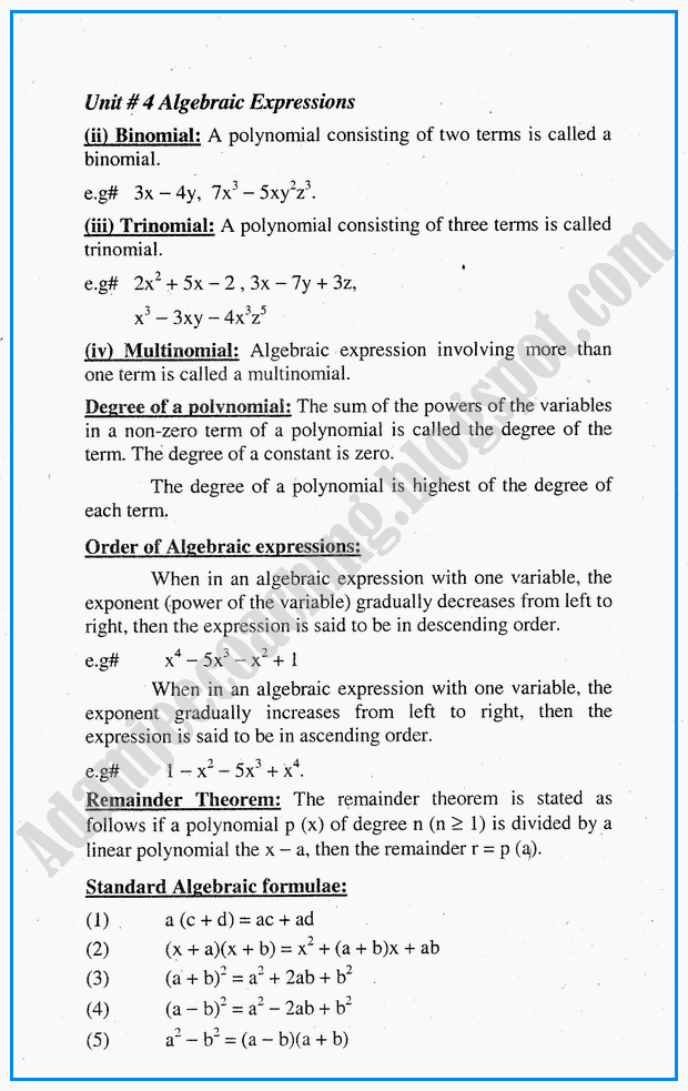 Adamjee Coaching: Algebraic Expressions - Definitions and Formulae ...