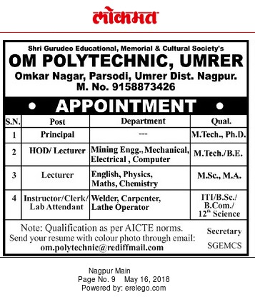 OM Polytechnic Umrer Wanted HOD/Lecturer - Faculty Teachers