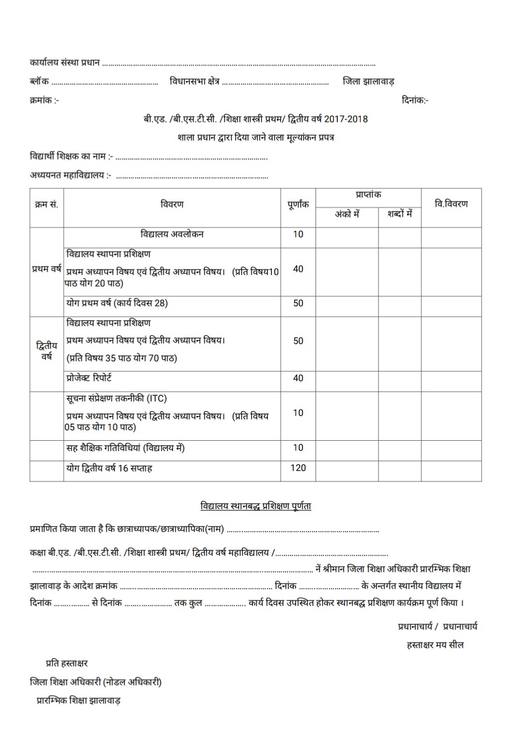 बीएड डी एल एड प्रथम एवं द्वितीय वर्ष मूल्यांकन प्रपत्र