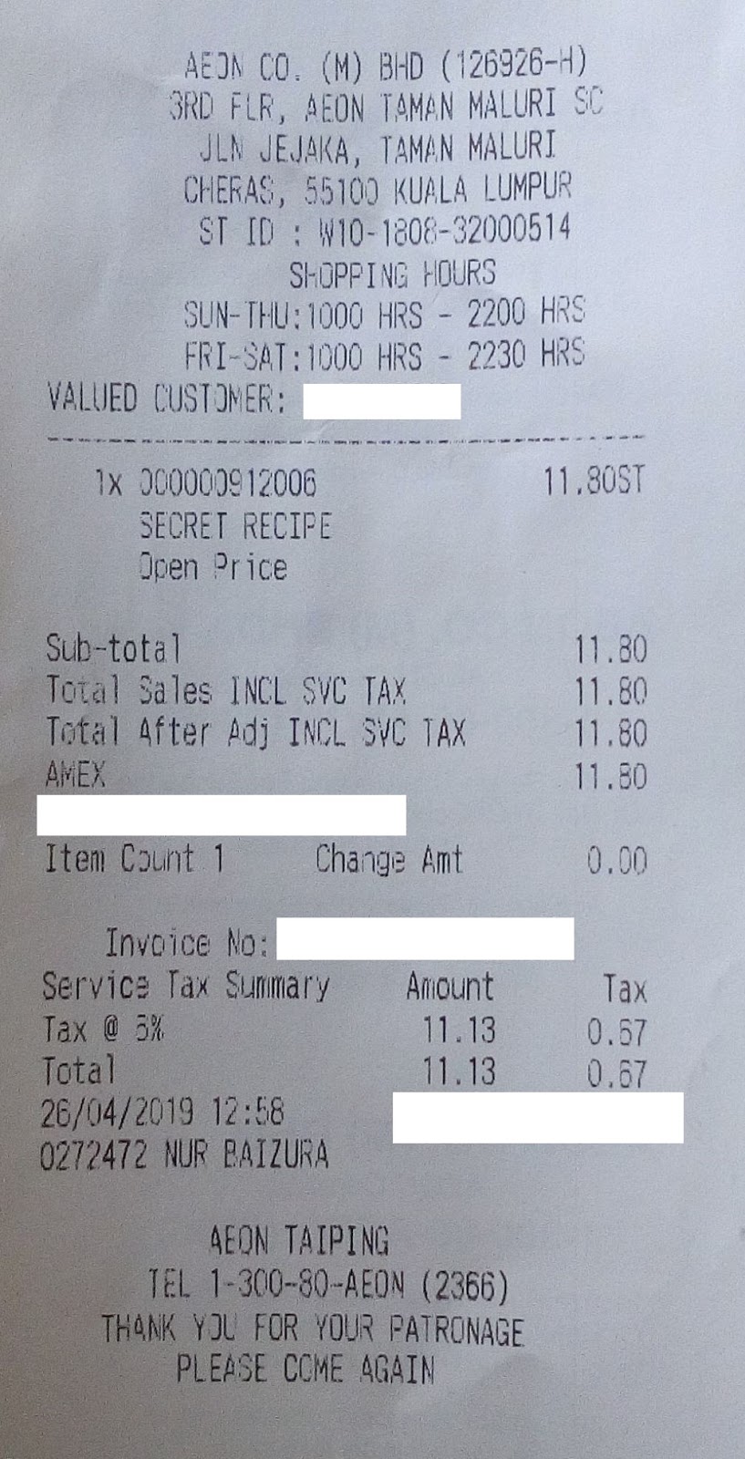 My Reality Bites: Secret Recipe, AEON Mall Taiping