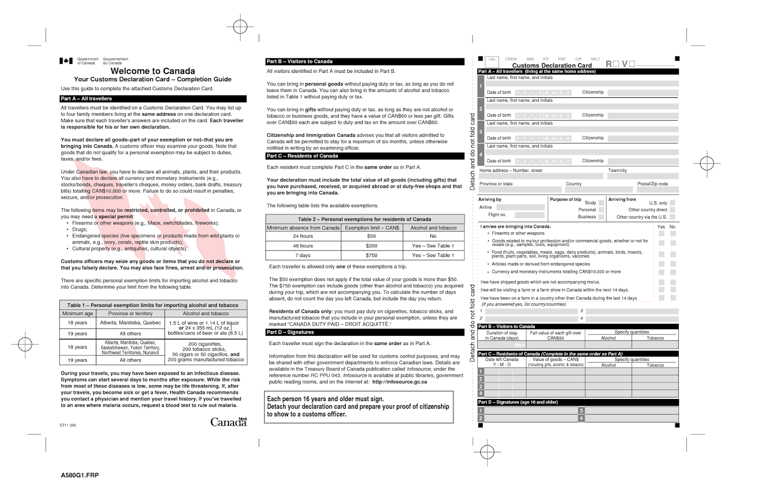 我在菲沙河谷: 填寫加拿大入境申報單 Declaration Card