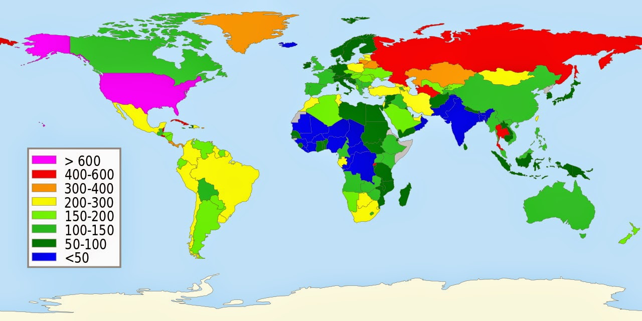 Map of incarceration rates by country (Prisoner population rate ...