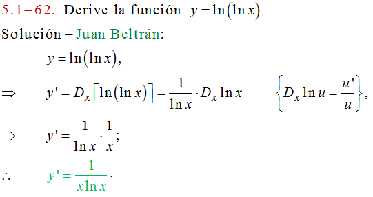 Calcular: Derivada de la función y = ln(lnx). Larson y Edwards 5.1_62