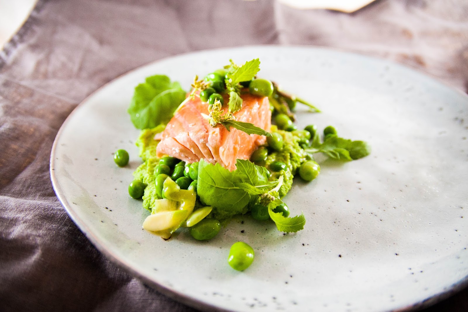 Tales of a social eater: Spring Salmon with Green Pea and Soy Bean Puree