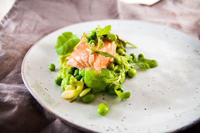 Tales of a social eater: Spring Salmon with Green Pea and Soy Bean Puree