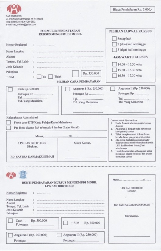 LPK SAS BROTHERS: Formulir Kursus Mengemudi Mobil