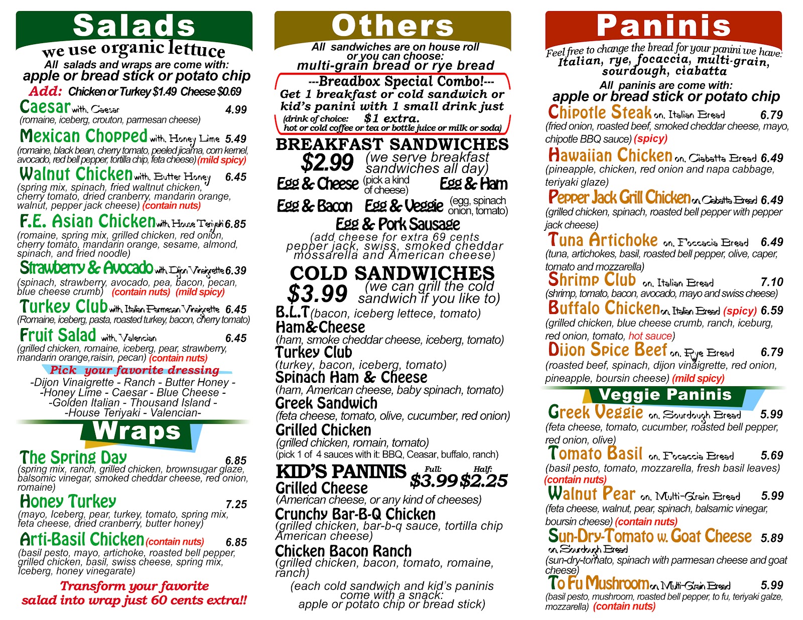 BreadboxBakery: to go menus and bread menus.