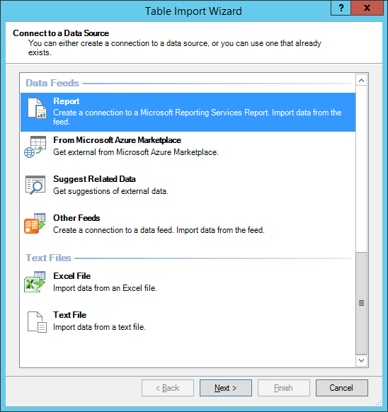 Choose "Report" in the "Connect to a Data Source" pop up.