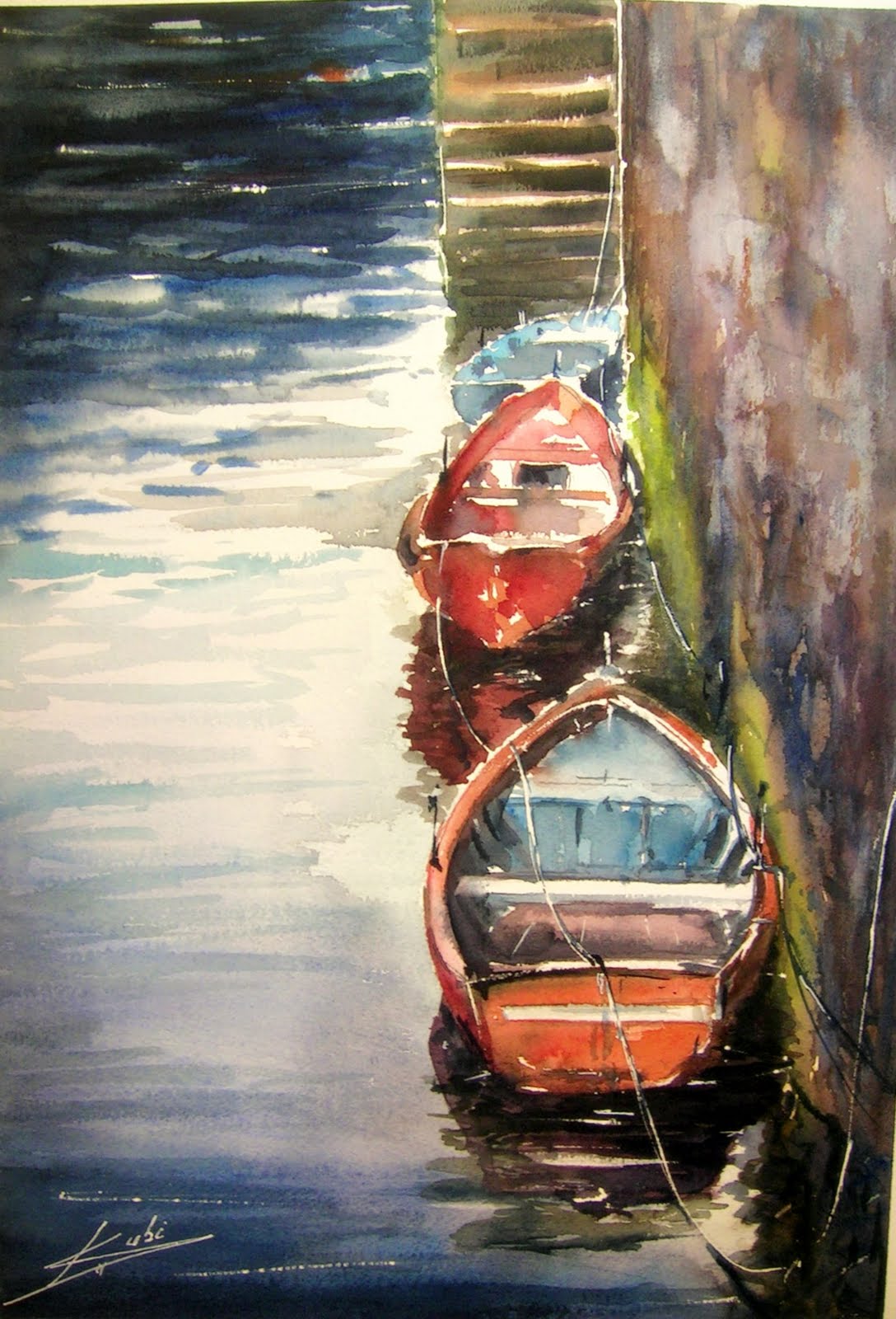 ACUARELAS KUBI: BOTES AMARRADOS