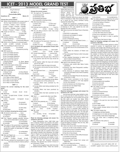 ICET -2013 MODEL GRAND TEST FROM EENADU PRATIBHA TELUGU NEWS PAPER