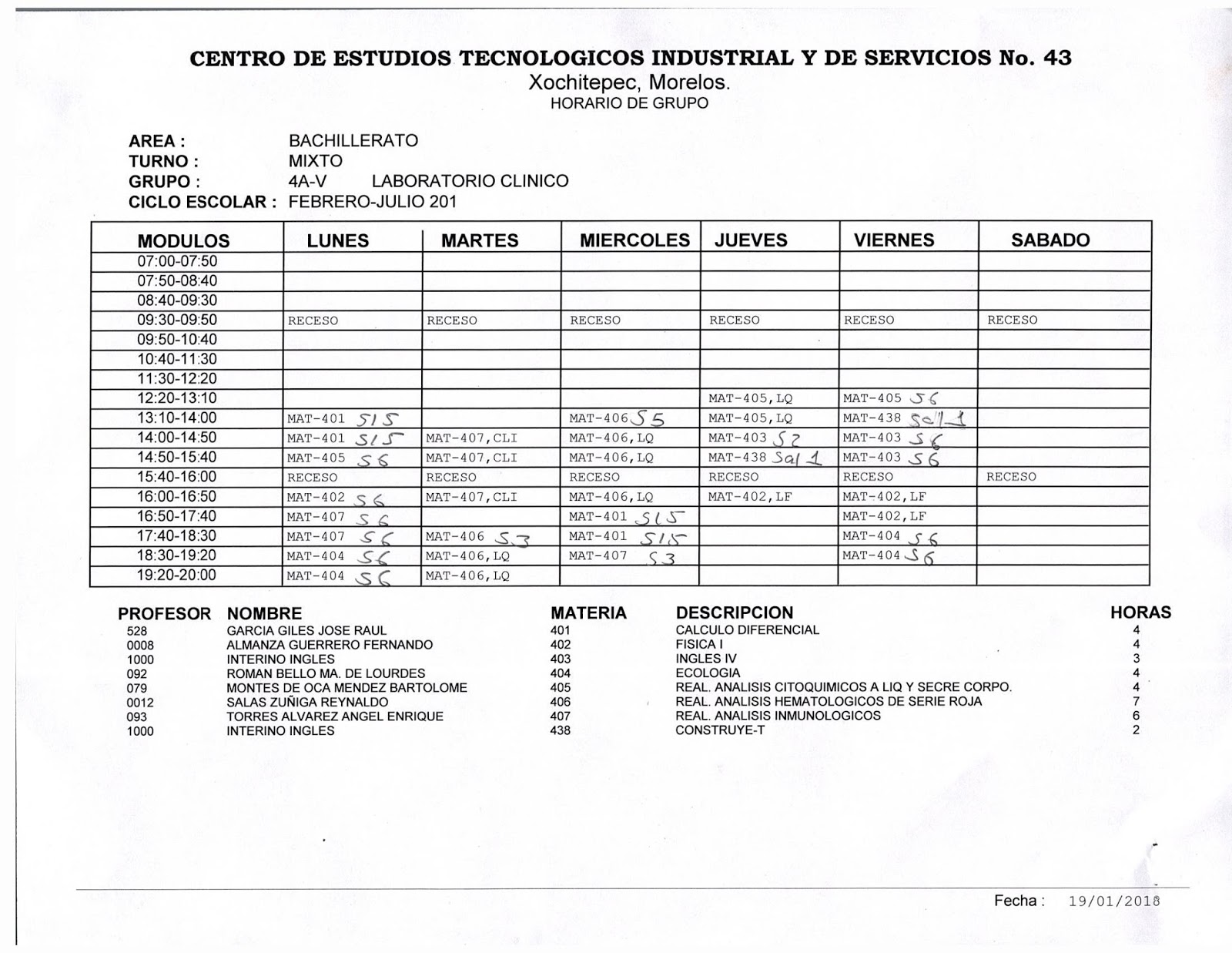 CETis 43 : HORARIOS 4to SEMESTRES